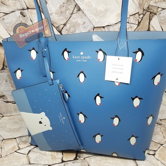 kate spade | Bags | Bagsavenue Penguin Reversible Tote Blue Penguin ...